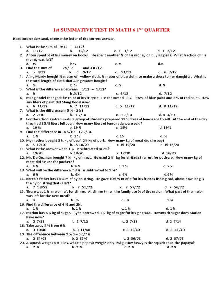 1st Summative Test in Math 6 1st Quarter | PDF | Subtraction | Teaching ...