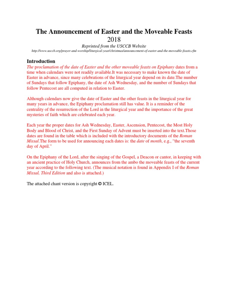 The Announcement of Easter and The Moveable Feasts - Complete | PDF ...