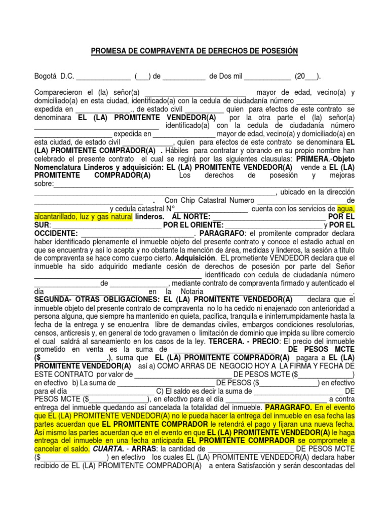 Formato Promesa De Compraventa De Derechos De Posesión 2019 Pdf