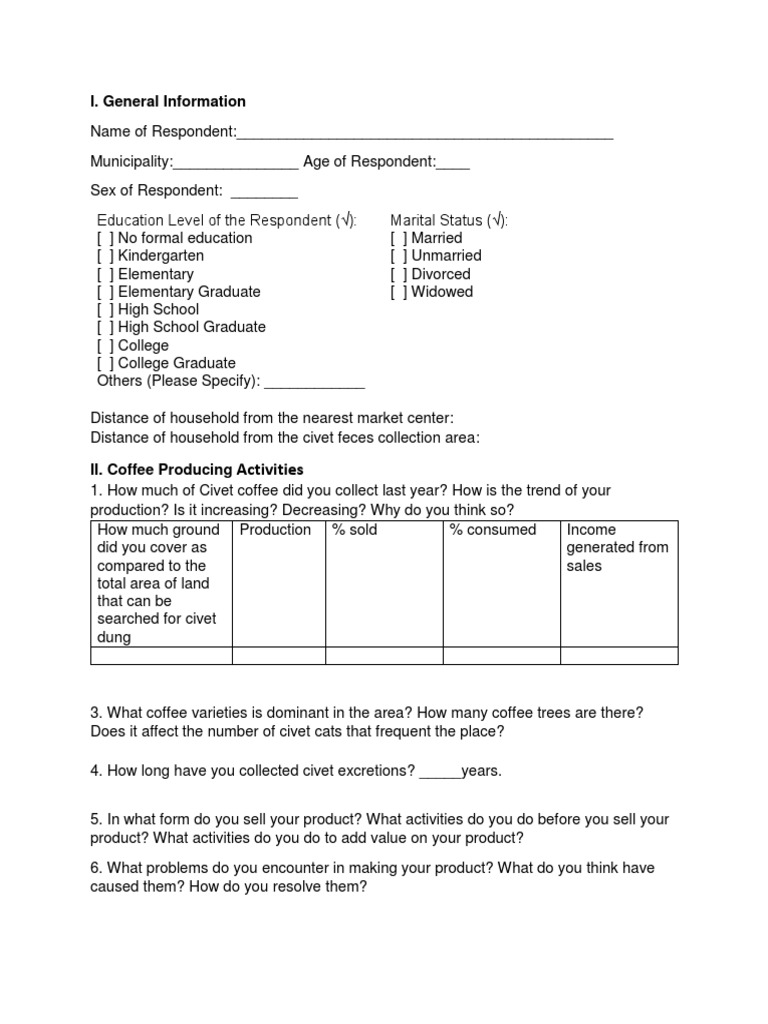 Civet Coffee Production Survey Form | PDF | Coffee | Prices