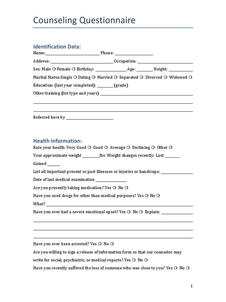 Counseling Questionnaire | PDF | Marriage | Psychotherapy