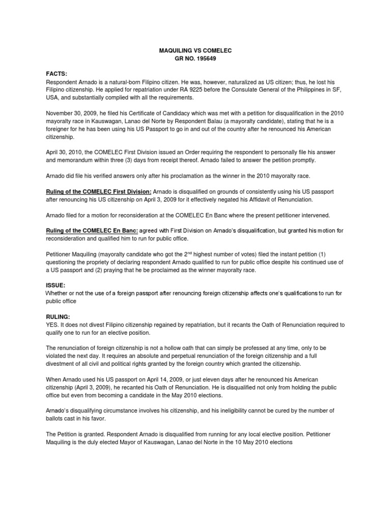 Maquiling Vs COMELEC GR No 195649 | PDF | United States Nationality Law ...