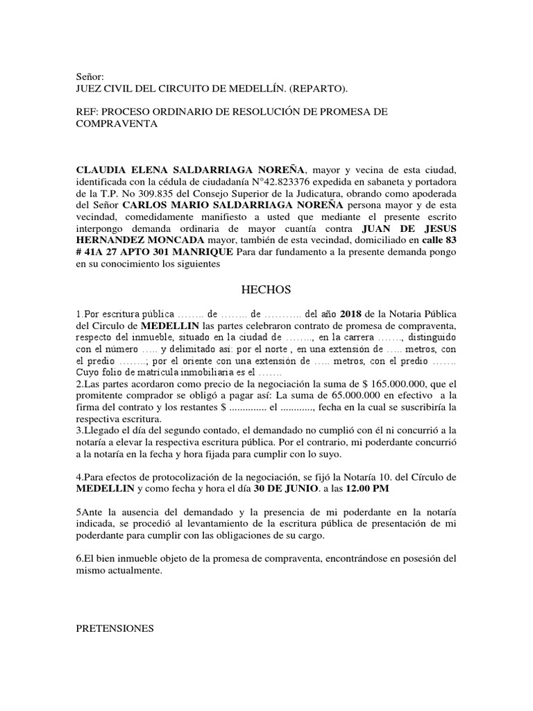 Modelo de Poder y Demanda de Resolucion de Contrato | Derecho contractual | Conceptos legales