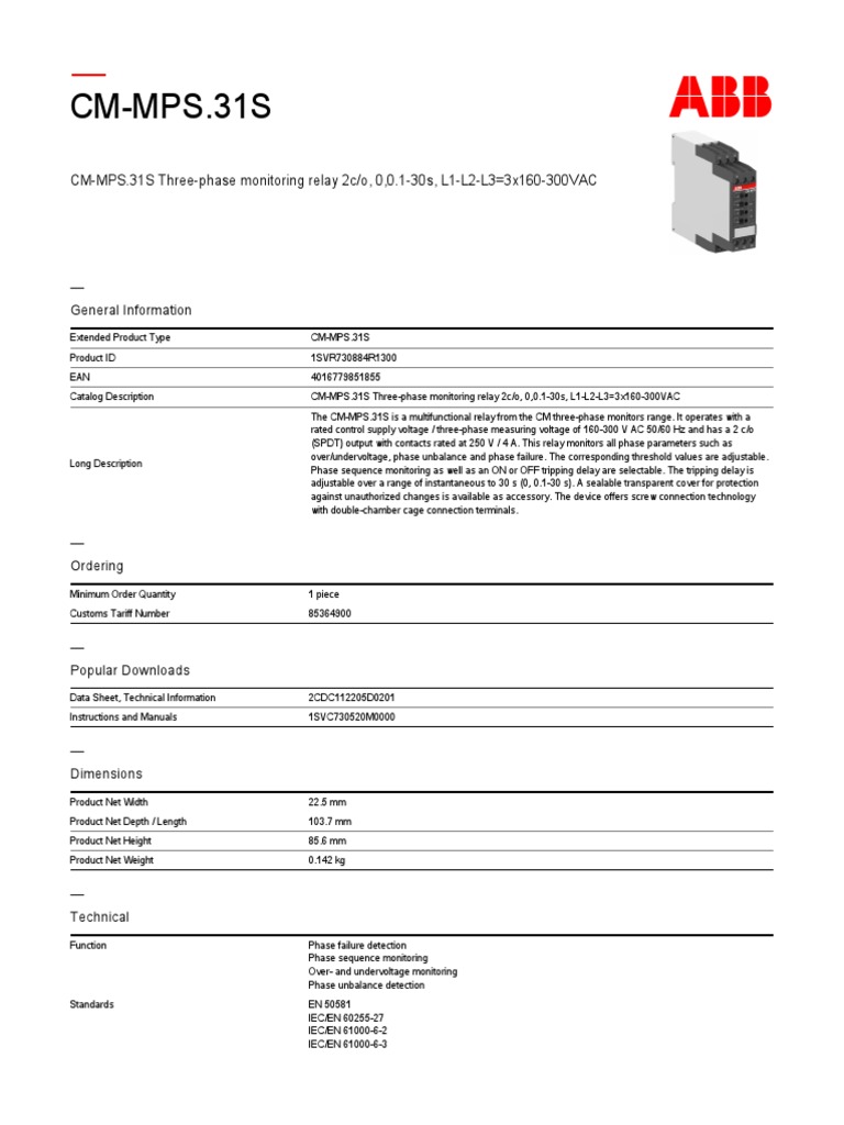 1SVR730884R1300 CM Mps 31s Three Phase Monitoring Relay 2c o 0 0 1 30s l1 l2 l3 3x160 300vac ...