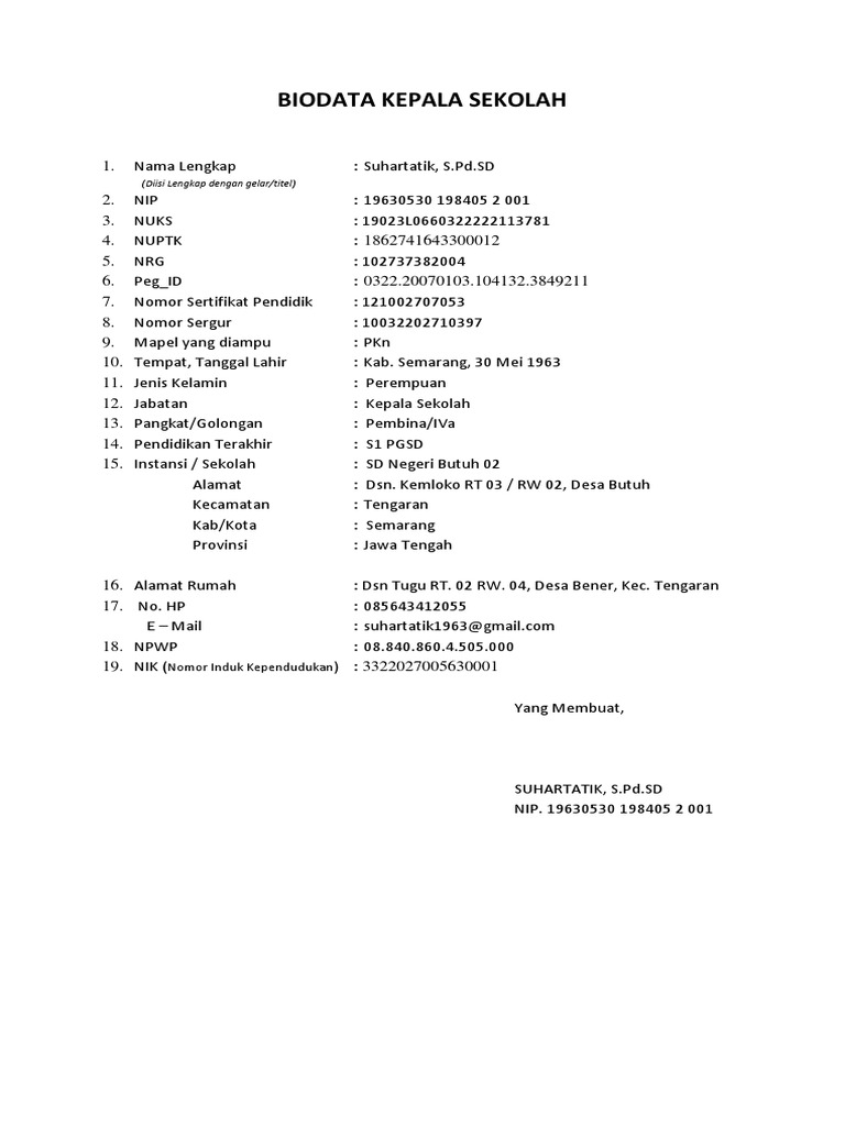 Biodata Kepala Sekolah | PDF