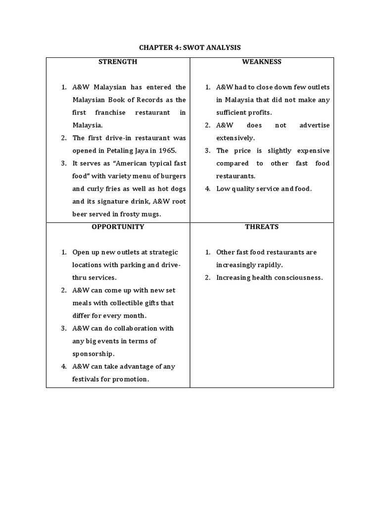 A&w (Chap 4 Swot Analysis) | PDF | Fast Food | Fast Food Restaurants