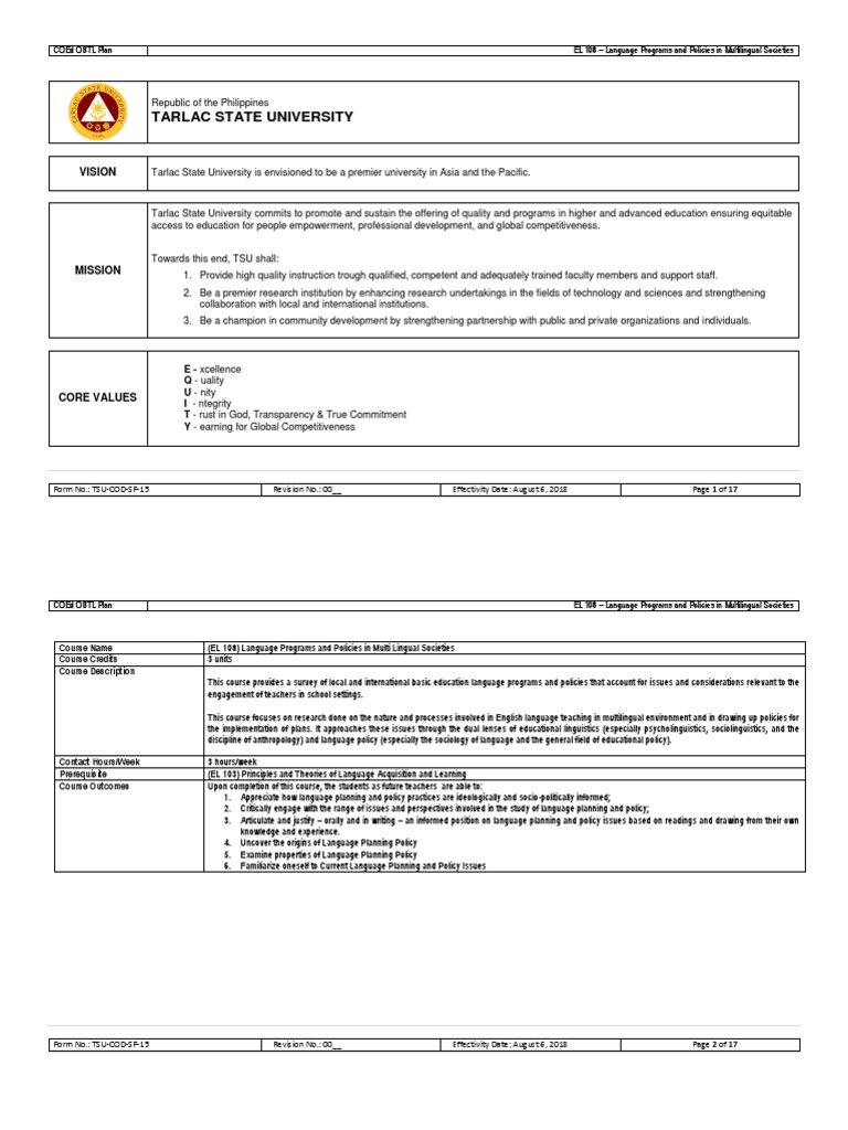 EL 108 LANGUAGE PROGRAMS AND POLICIES IN MULTILINGUAL SOCIETIES REVISED ...
