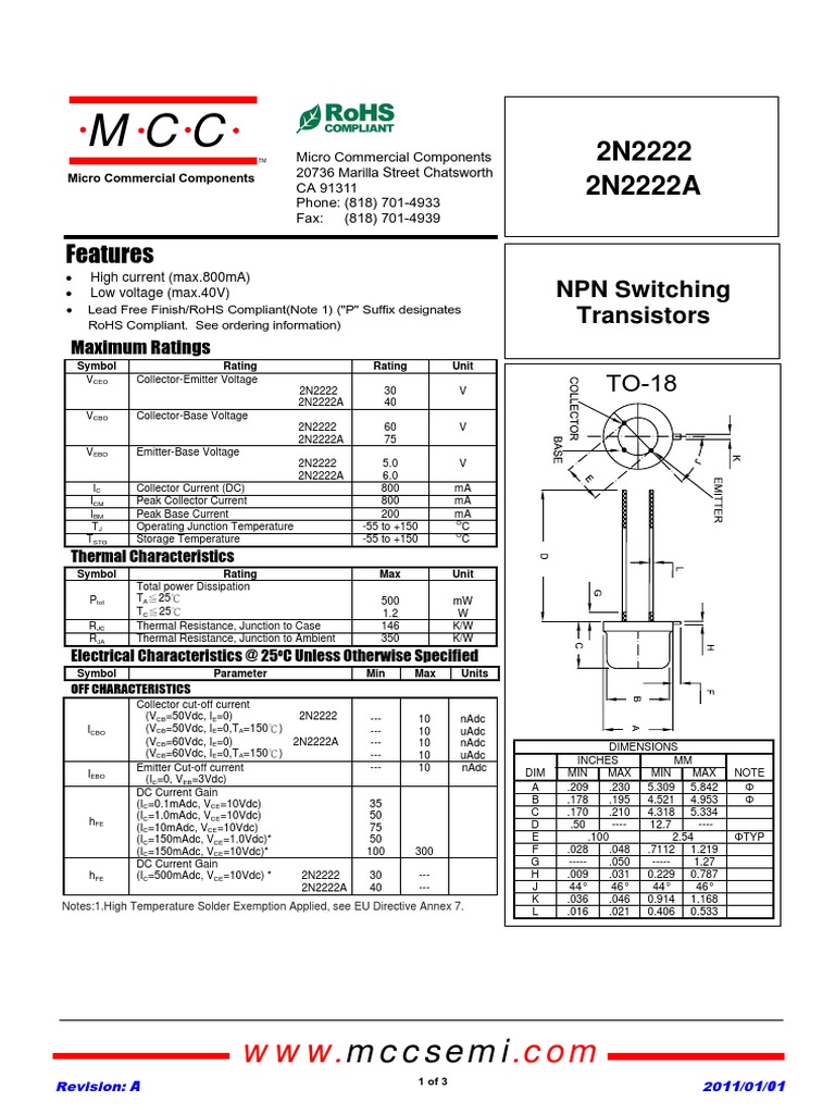 Datasheet Transistor 2n2222a | PDF | Bipolar Junction Transistor | Electricity