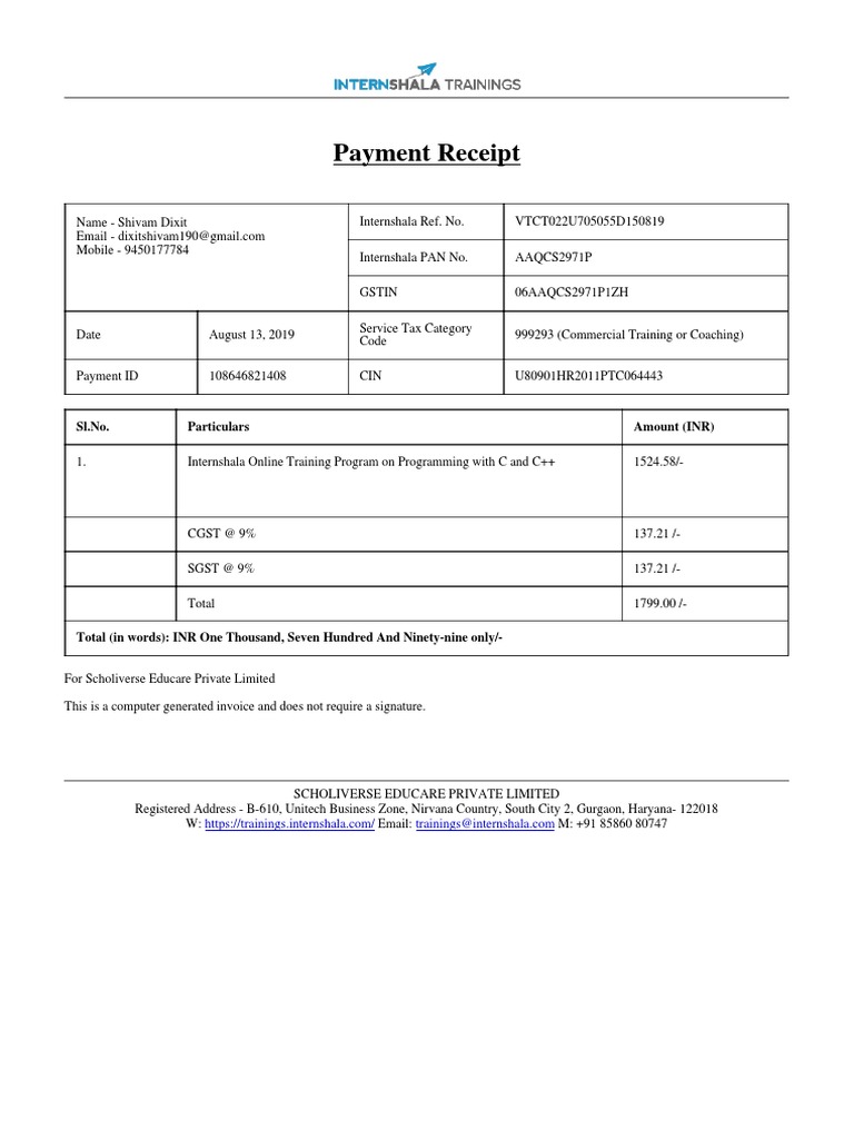 Payment Receipt for Internshala Online Training Program | PDF