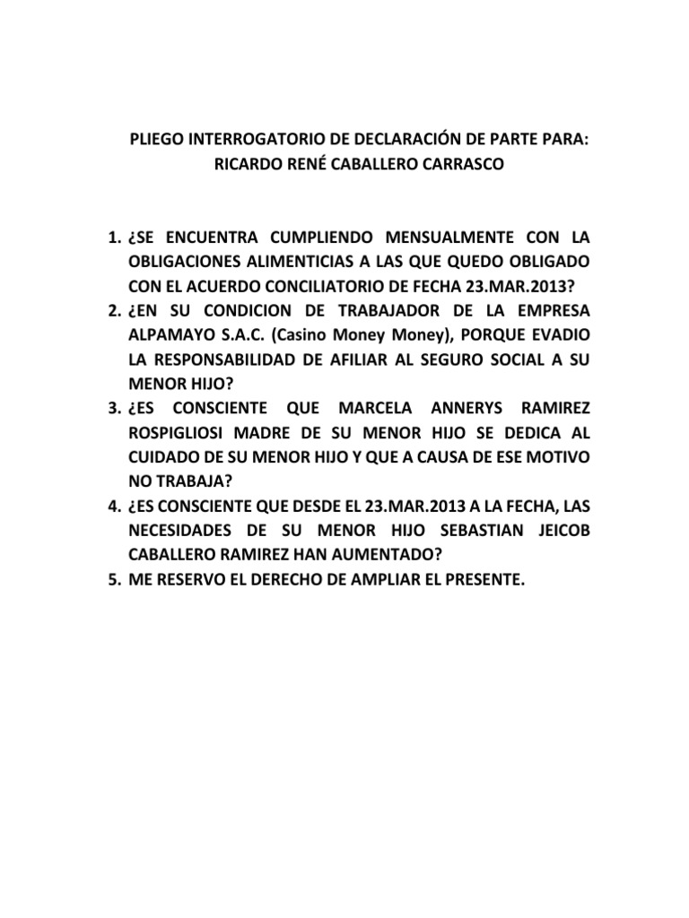 Pliego Interrogatorio de Declaración de Parte para | PDF