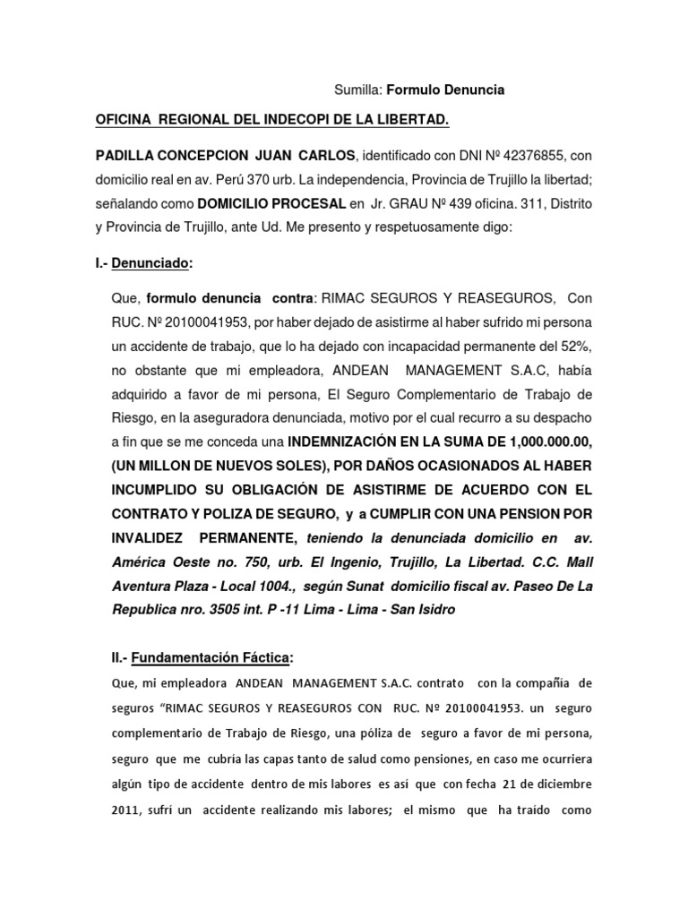 Denuncia Indecopi Juan Padilla-Rimac | PDF | Póliza de seguros | Reaseguro