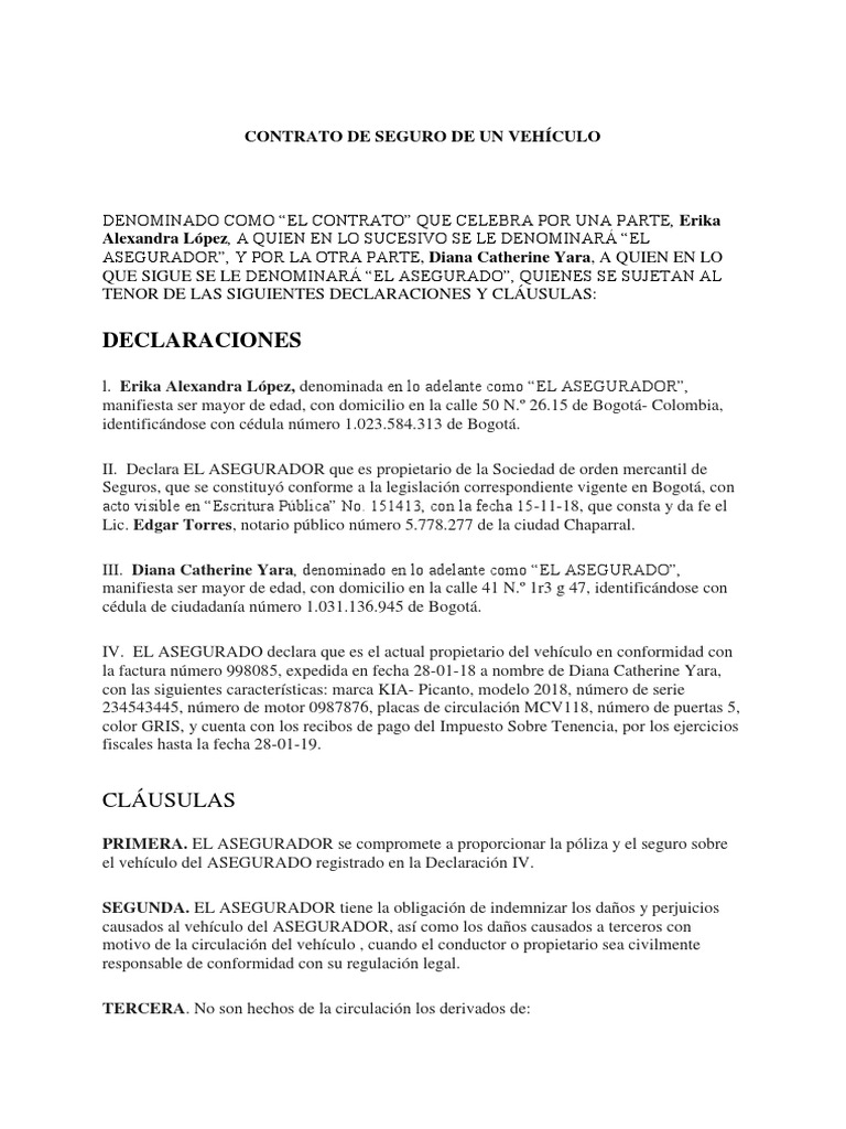 Formato Del Contrato de Seguro de Un Vehículo | Póliza de seguros | Seguro