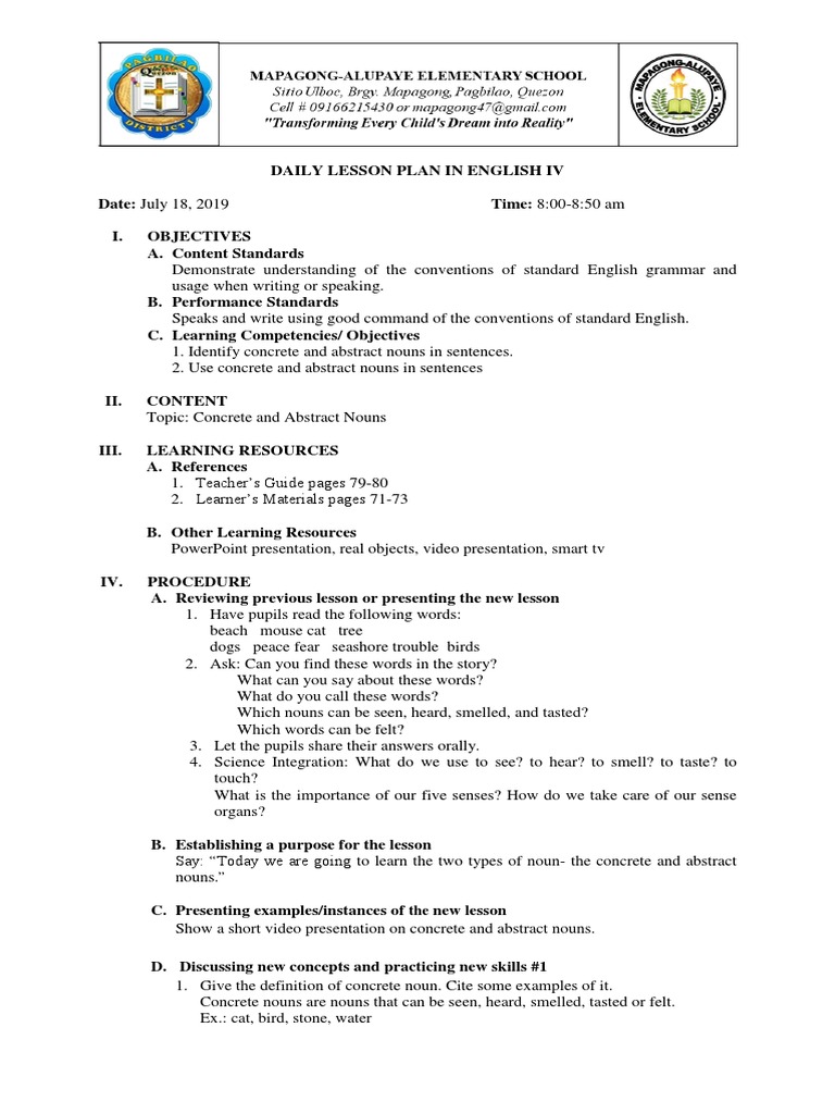 Observation Lesson Plan: Nouns in English | PDF | Lesson Plan | English ...