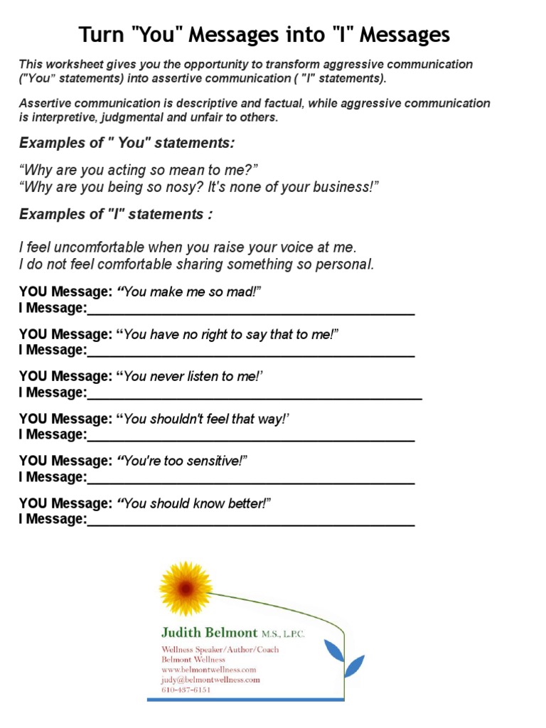 I Statements Communication Worksheet
