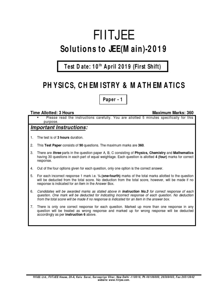 Jee Main Solved Paper 2019 | PDF | Applied And Interdisciplinary ...