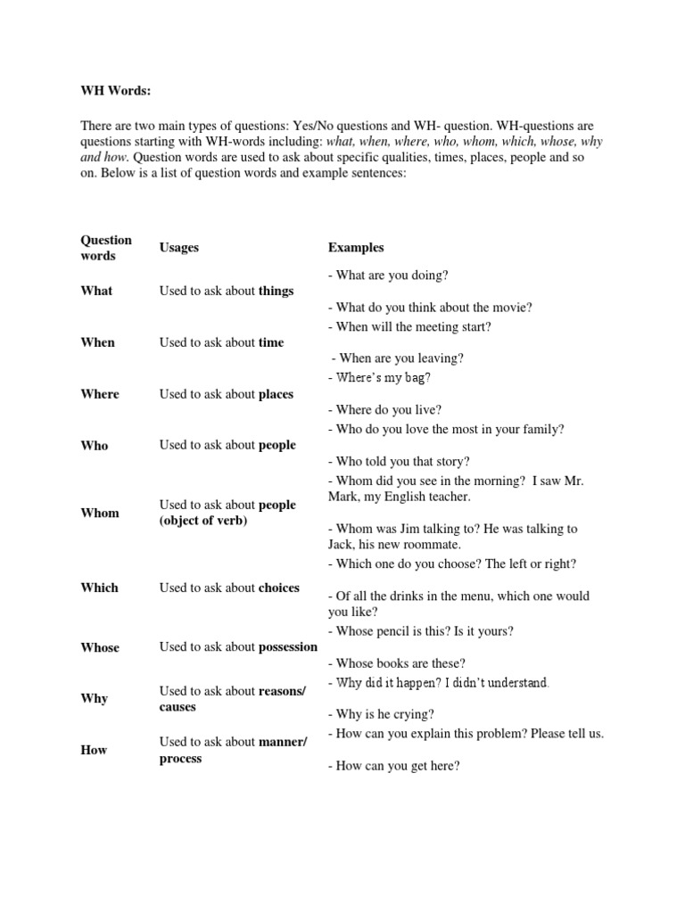WH Words | PDF | Question | Syntax