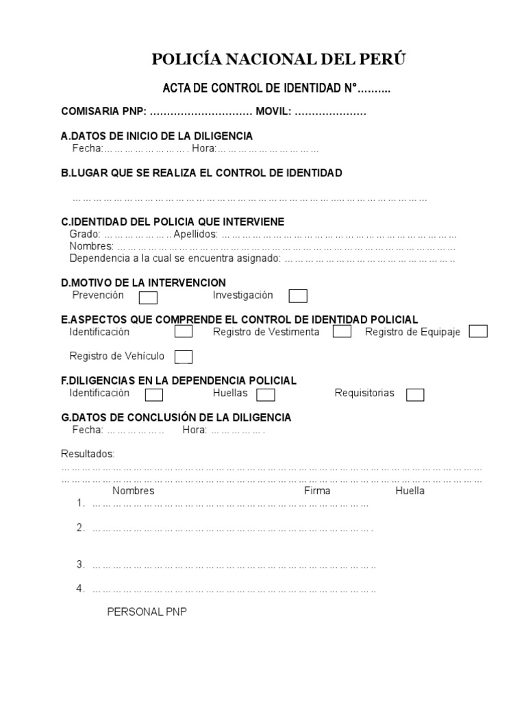Modelo Acta de Control Identidad PNP | PDF