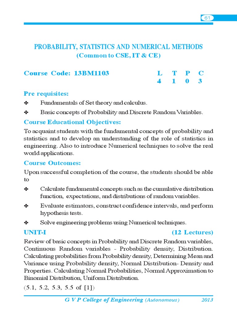 Probability, Statistics and Numerical Methods PDF | PDF | Probability ...
