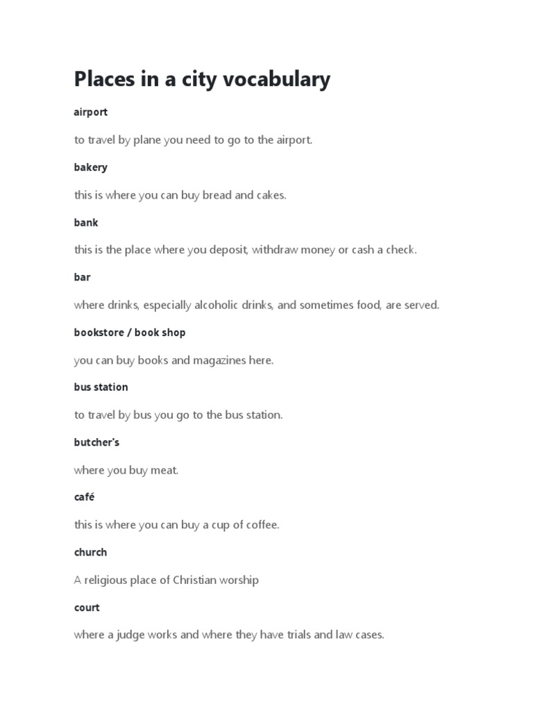 Places in A City Vocabulary | PDF | Grocery Store | Filling Station