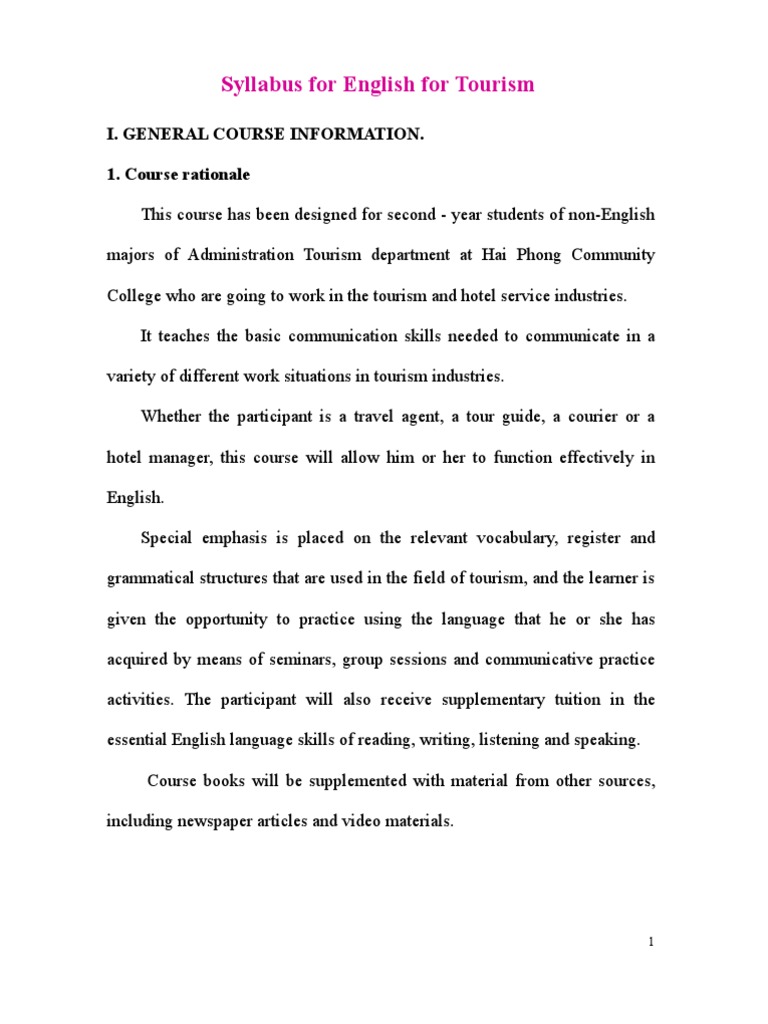 English for Tourism Course Syllabus | PDF | Travel Agency | Tourism