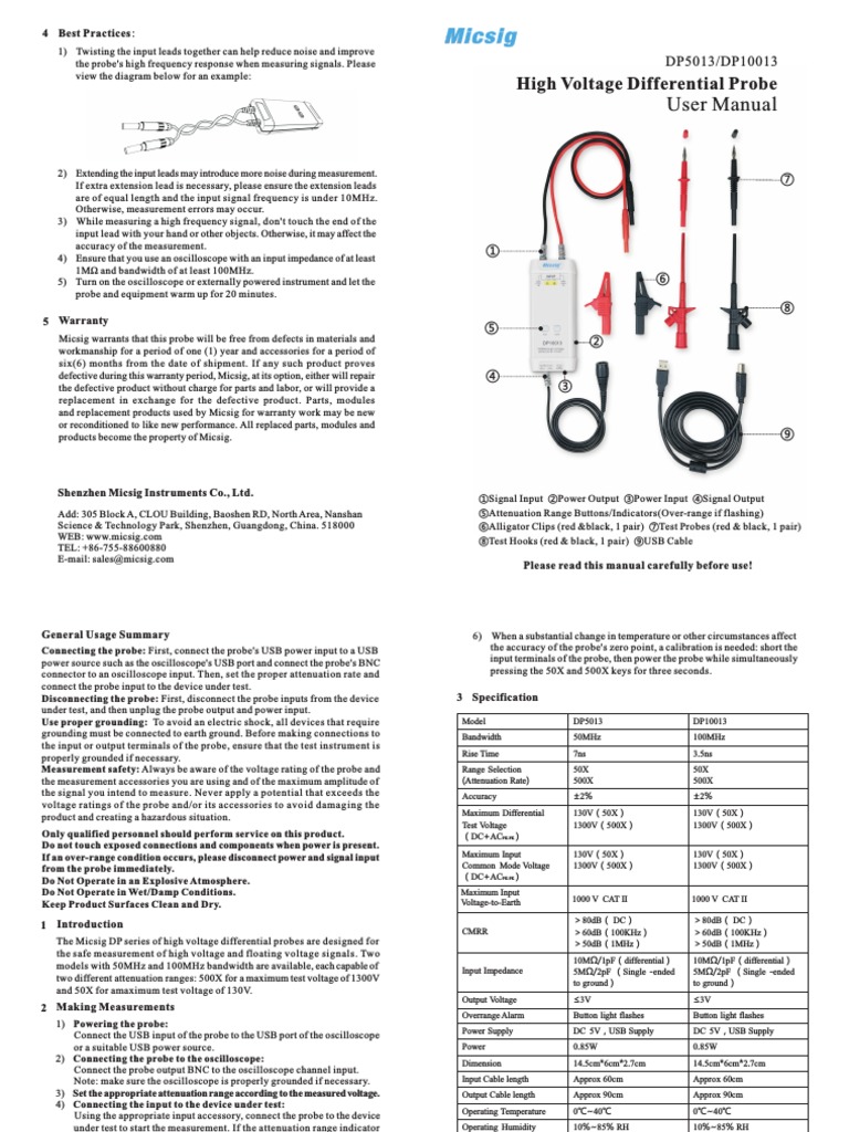 Micsig DP10013 Differential Probe | PDF | Manufactured Goods ...