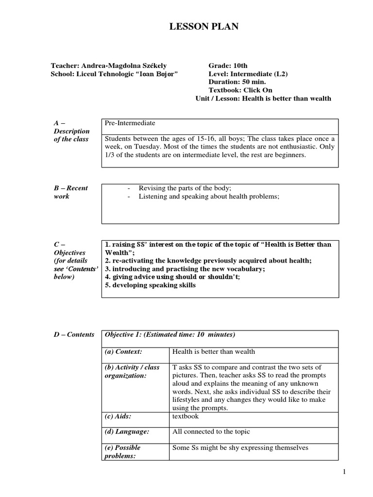 Health vs. Wealth Lesson Plan | PDF | Psycholinguistics | Communication