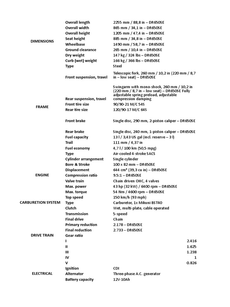 Ficha Técnica DR650 XF650 | PDF | Transmission (Mechanics) | Clutch