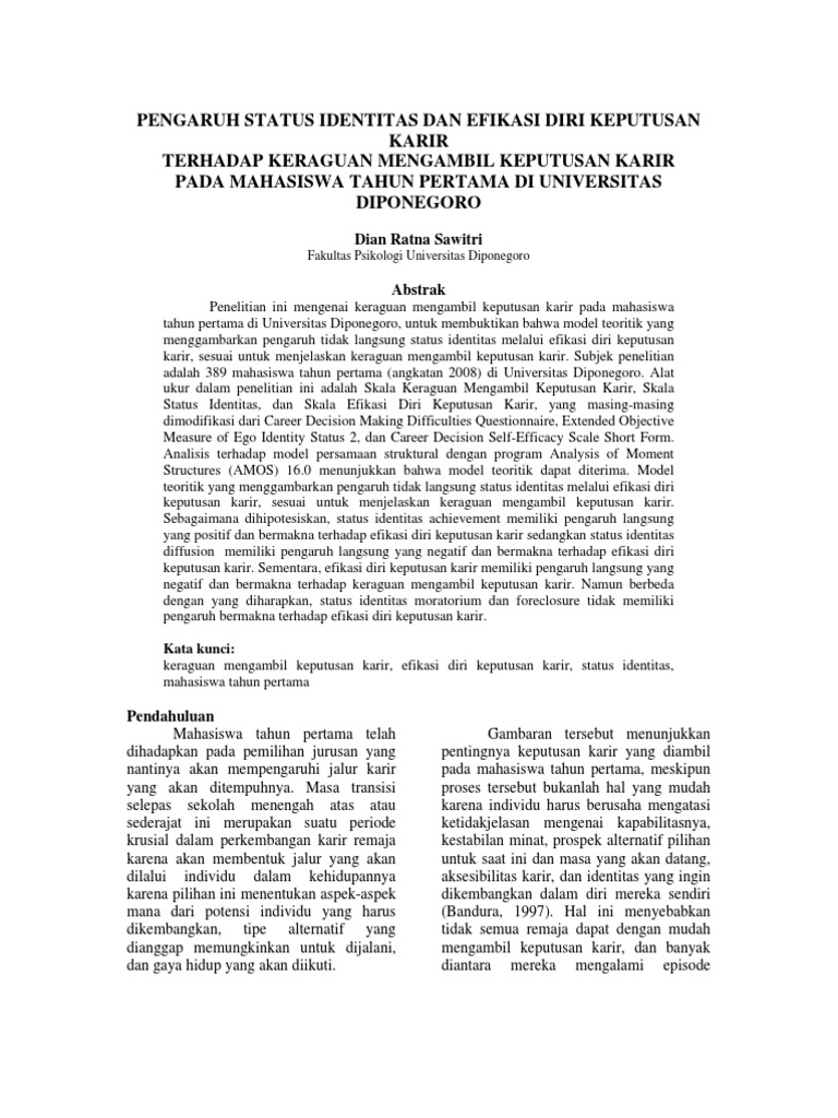 Pengaruh Status Identitas Dan Efikasi Diri Keputusan Karir | PDF