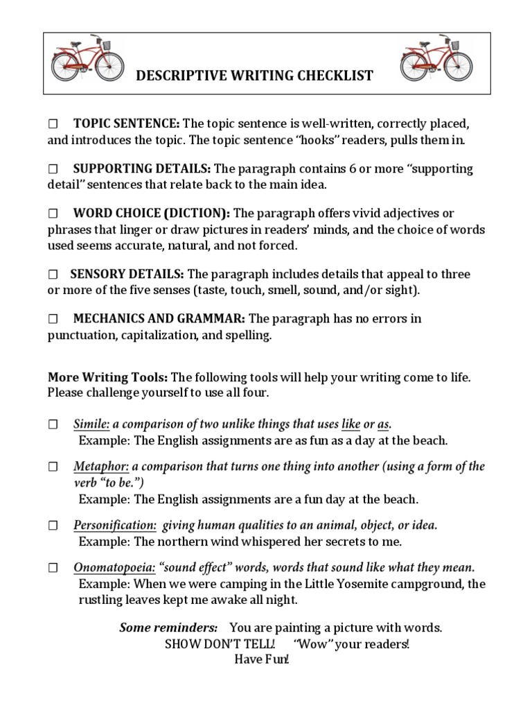 Descriptive Writing Checklist | PDF | Language Mechanics | Linguistics