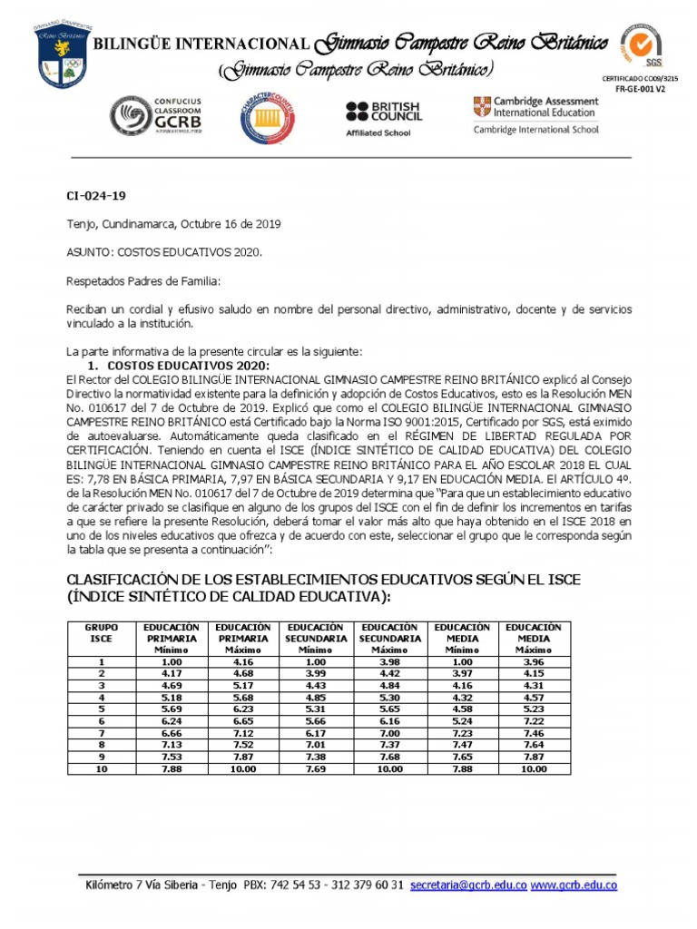 Circular Ci-024-19 Costos Educativos 2020 y Anexo PDF | PDF | Aprendizaje | Escuelas