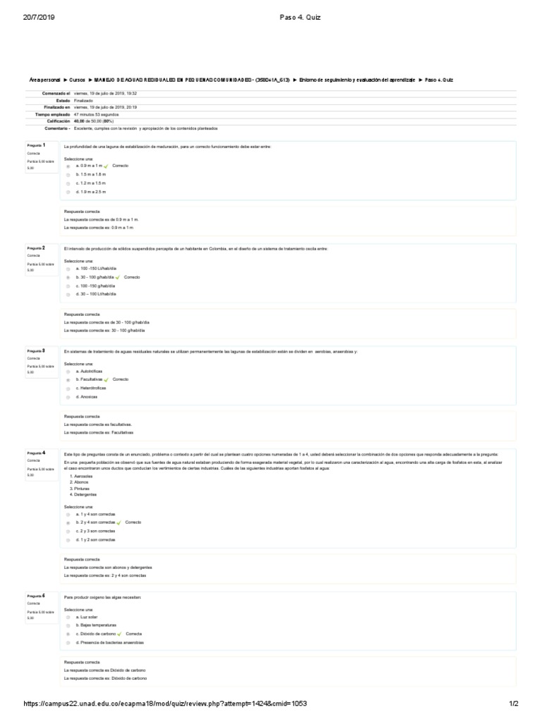 Paso 4. Quiz | PDF | Aguas residuales | Tratamiento de aguas residuales