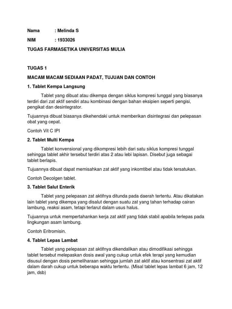 Macam-Macam Sediaan Tablet, Tujuan Dan Contoh | PDF