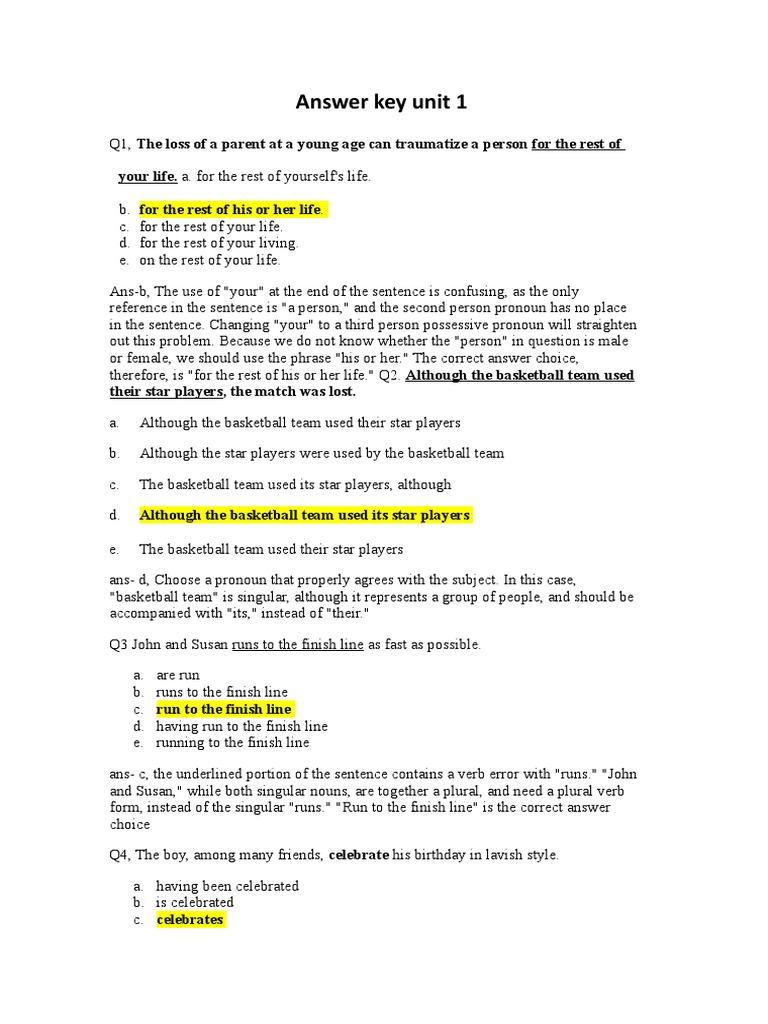 Answer Key of Unit 1 | PDF | Adjective | Grammatical Number
