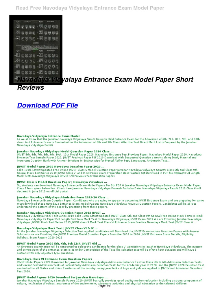 Navodaya Vidyalaya Entrance Exam Model Paper | PDF | Test (Assessment ...