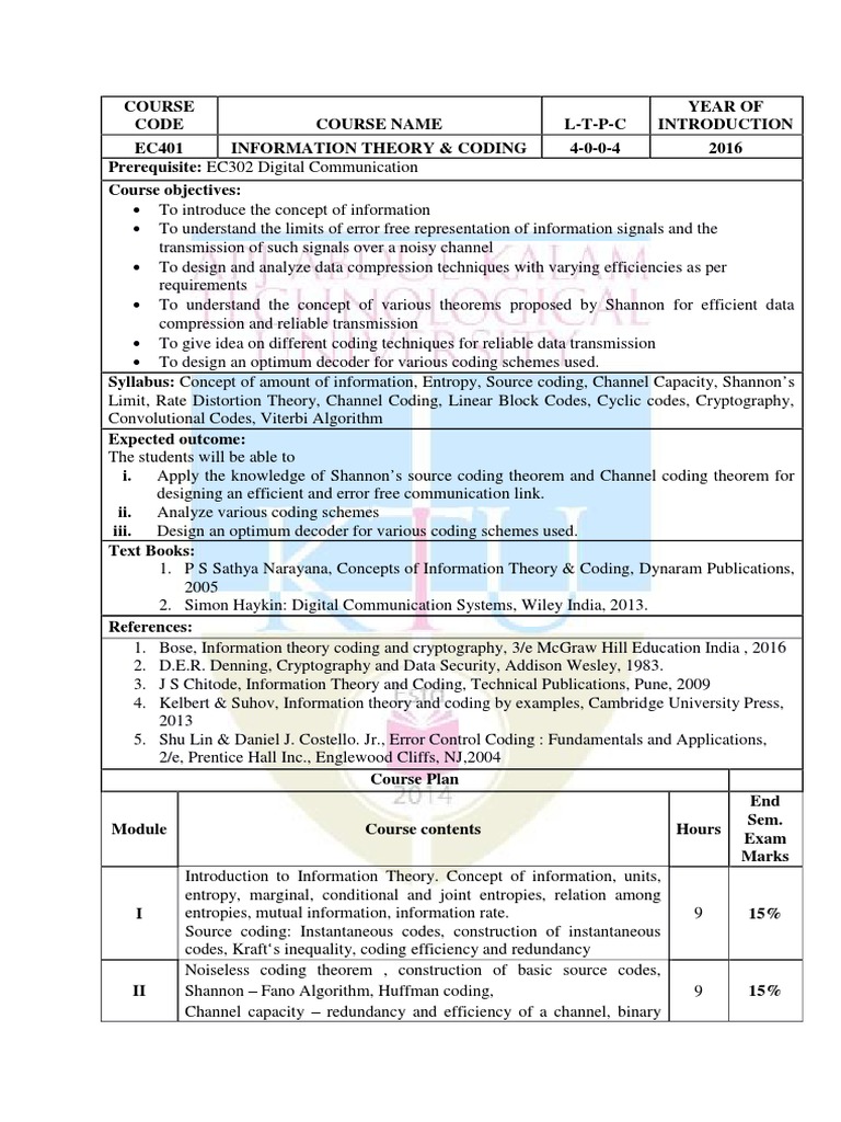 EC401 Information Theory & Coding | PDF | Forward Error Correction | Data Transmission