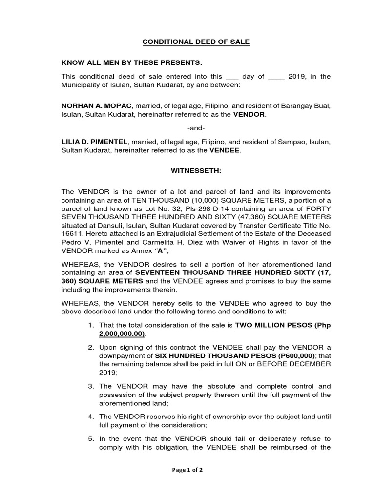 Conditional Deed of Sale | PDF | Taxes | Property