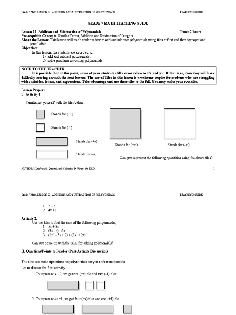 Add Subt Polynomials Final TG | PDF | Subtraction | Polynomial