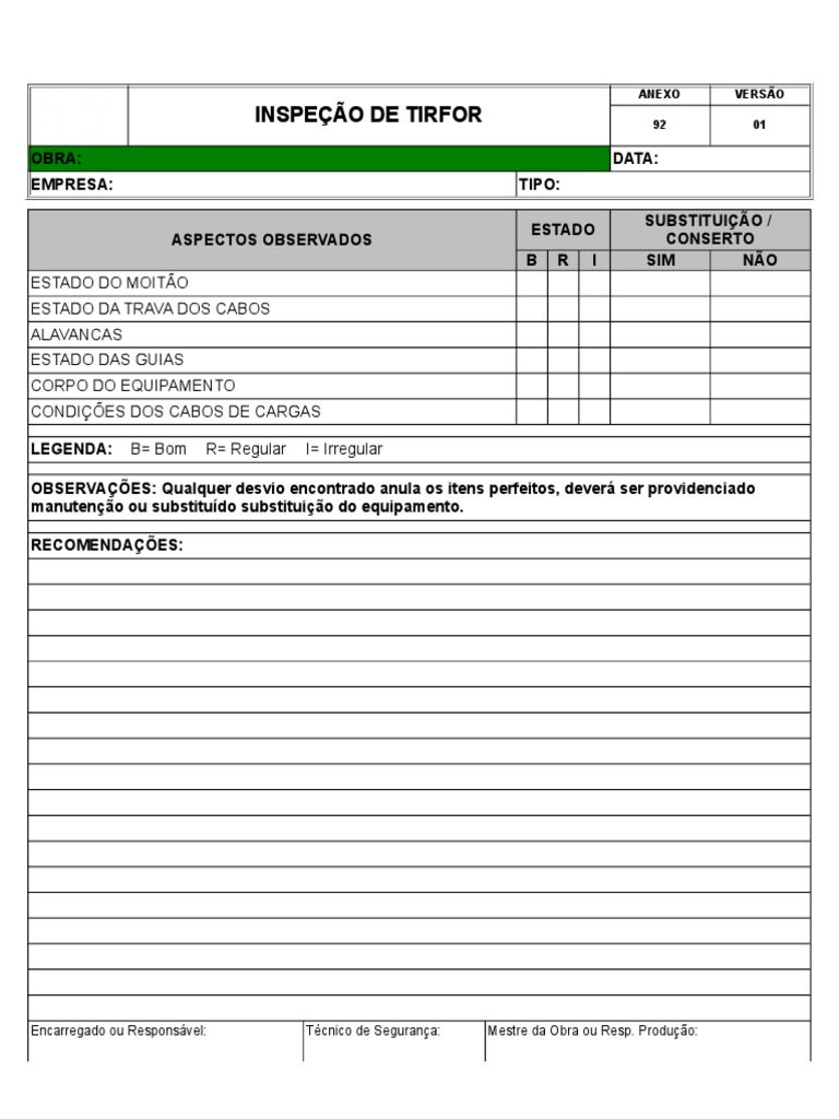 Checklist de Inspeção de Tirfor | PDF