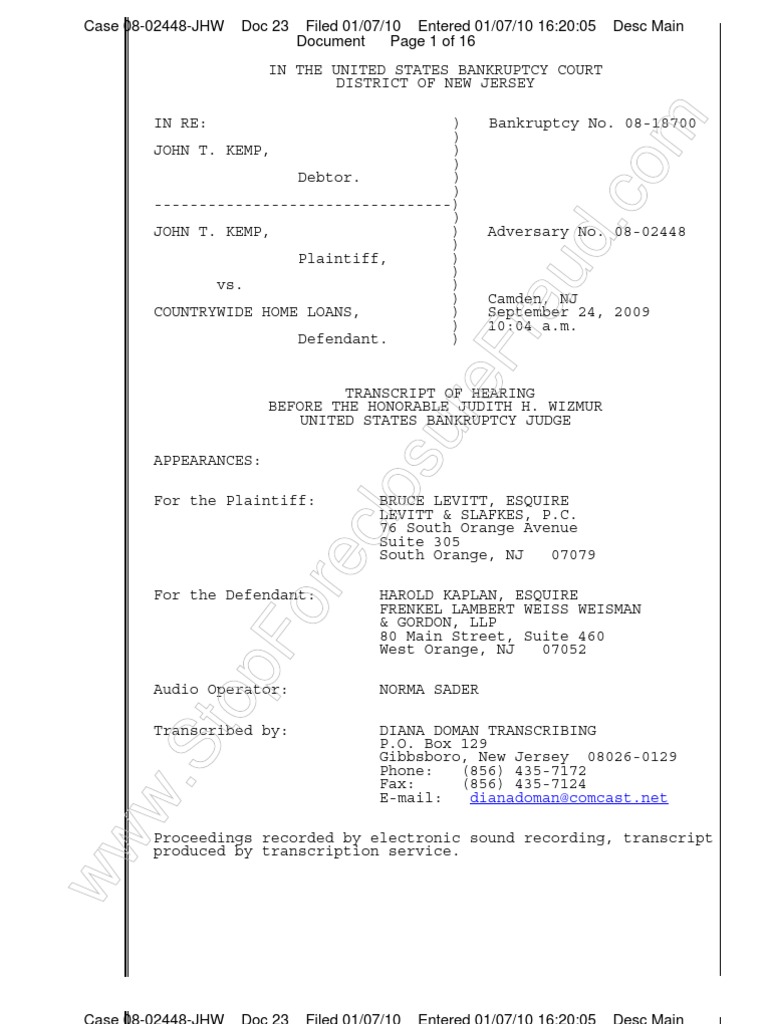 Full Deposition Transcript of Kemp v. Country Wide | PDF | Bank Of ...