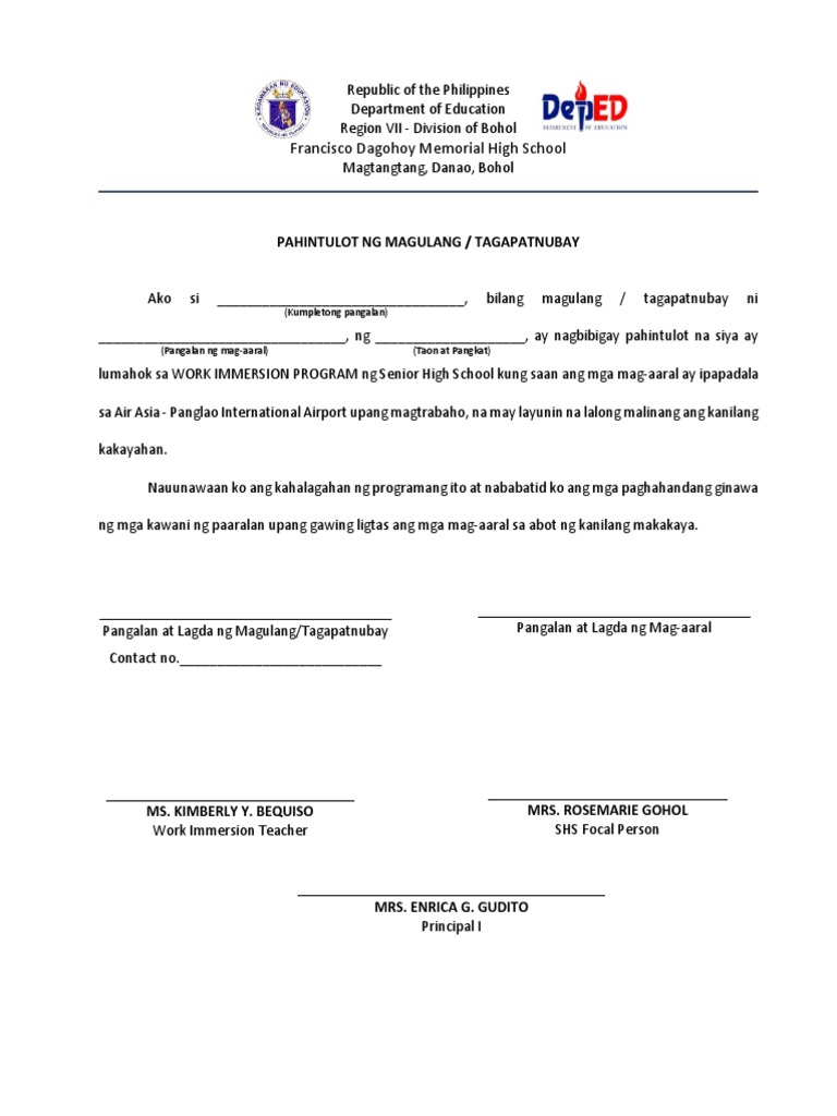 Work Immersion Parent Consent | PDF