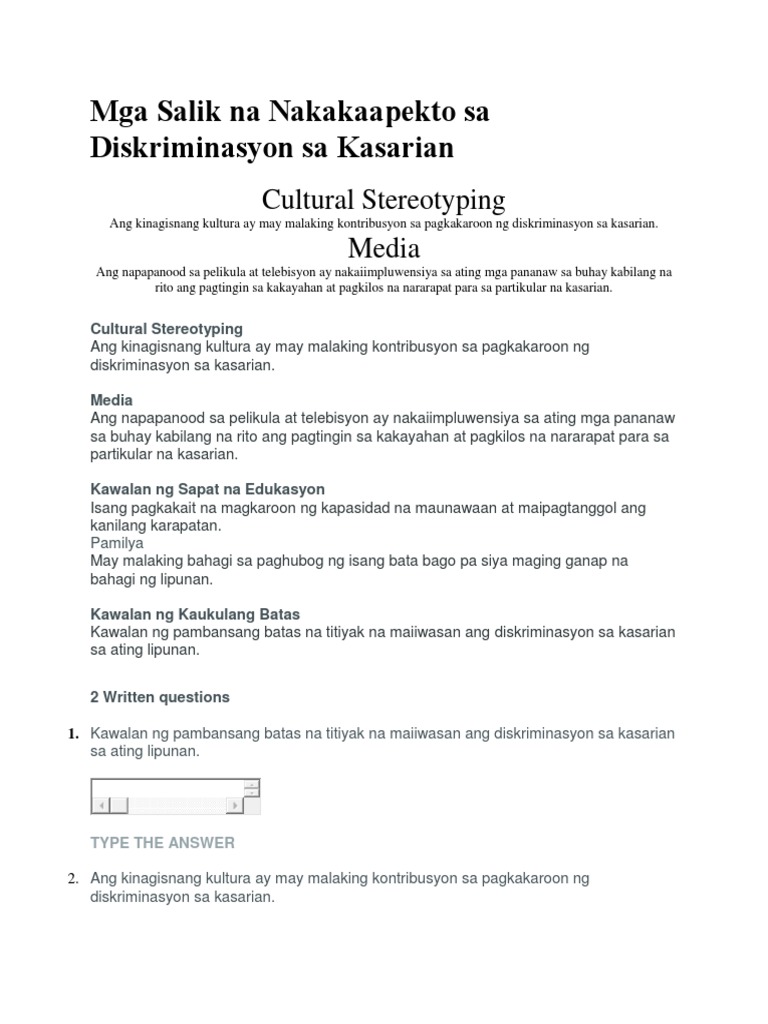 Mga Salik Na Nakakaapekto Sa Diskriminasyon Sa Kasarian | PDF