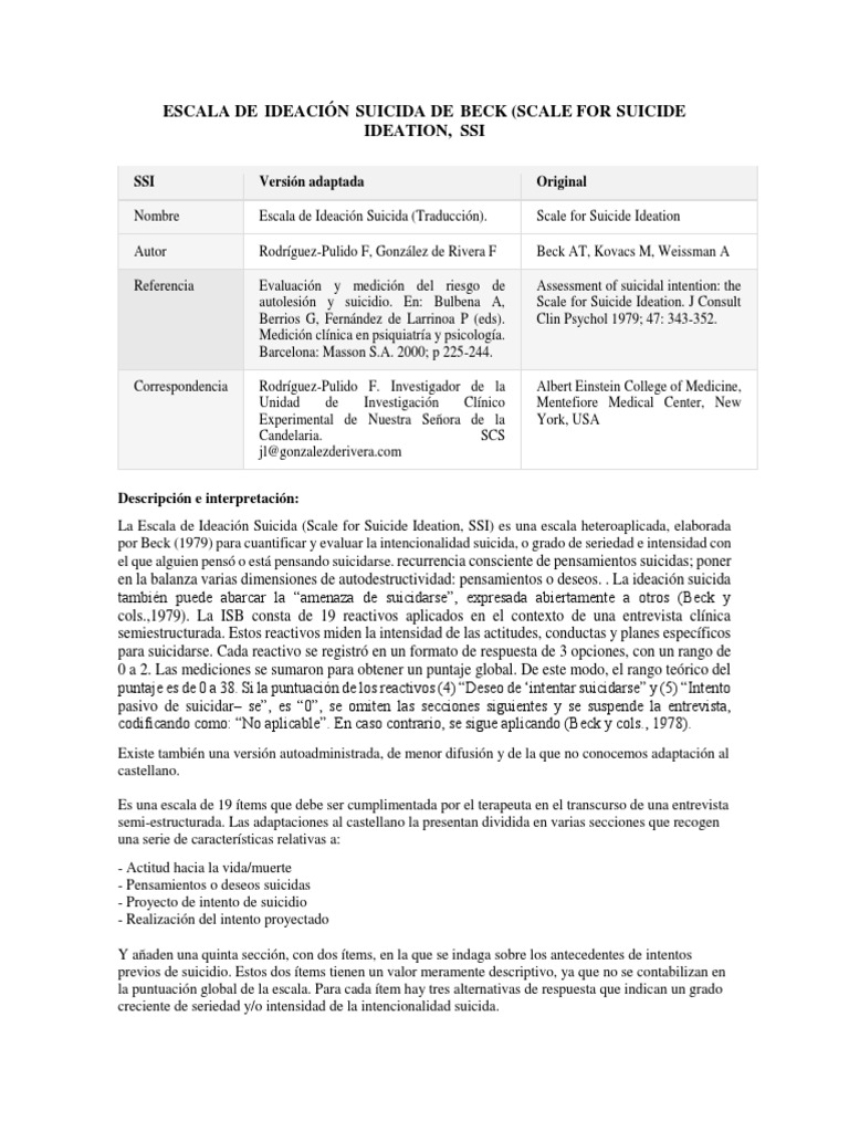 Escala Beck: Evaluación de Ideación Suicida | PDF | Suicidio ...