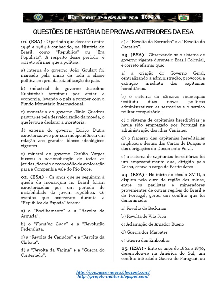 Questões de Provas Anteriores Da ESA - HISTÓRIA | PDF | Brasil | República