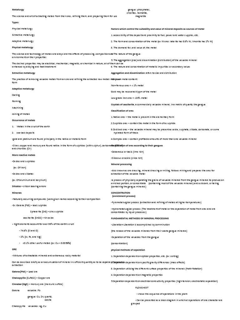 Metallurgy Notes | PDF | Minerals | Metallurgy