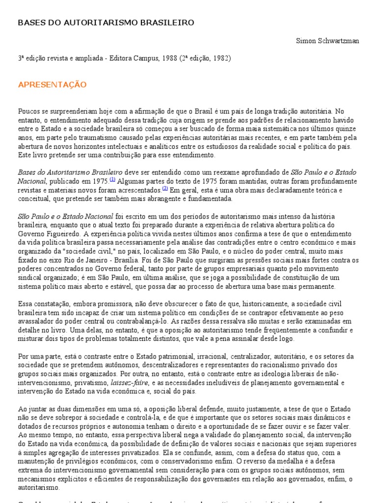 SCHWARTZMAN, Simon Base Do Autoritarismo Brasileiro | PDF | Estado | Brasil