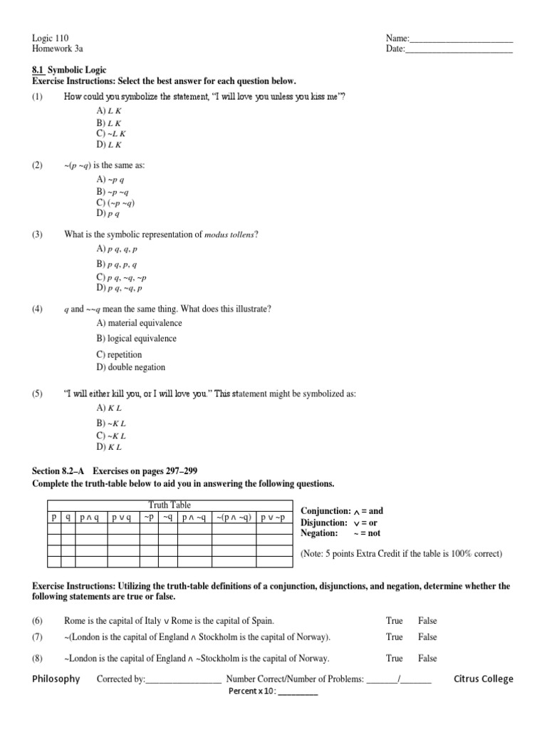 HW3a - Logic 110 | PDF | Formalism (Deductive) | Logical Expressions