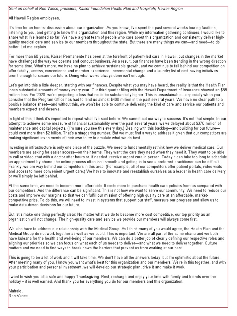 Letter To Kaiser Employees | PDF | Kaiser Permanente | Health Policy