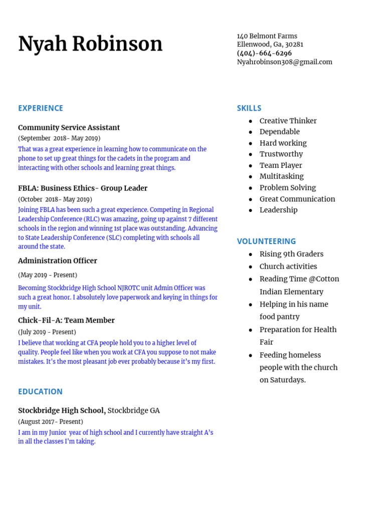 Nyah Robinson - Resume | PDF | Leadership | Learning