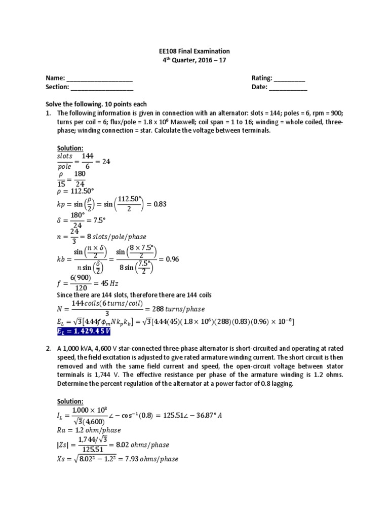 EE108 Final Examination Solutions | PDF | Electricity | Electrical ...