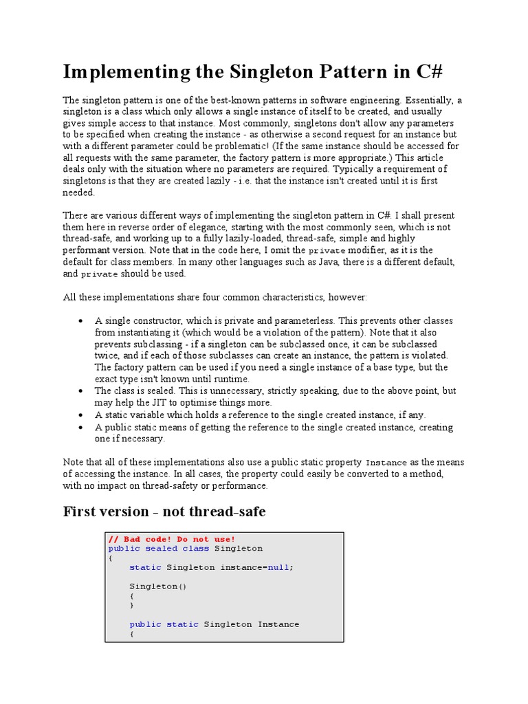 Implementing The Singleton Pattern in C | PDF | Class (Computer Programming) | Programming